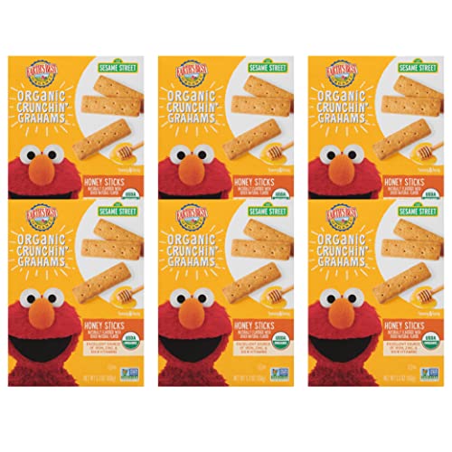Earth's Best Organic Kids Snacks, Sesame Street Toddler Snacks, Organic Crunchin' Grahams for Toddlers 2 Years and Older, Honey Sticks with other Natural Flavors, 5.3 oz Box (Pack of 6)