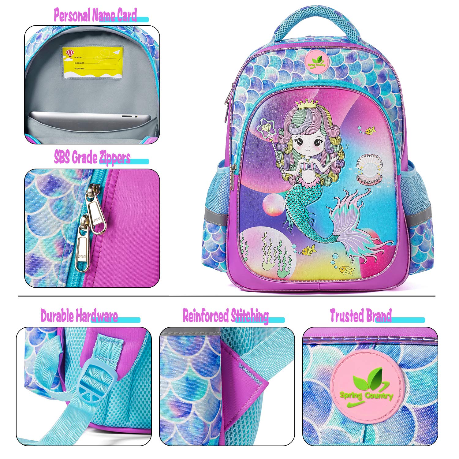 Spring Country Girls Backpack for School, Children Casual Daypack Book Bag Rucksack (Mermaid Glitter)