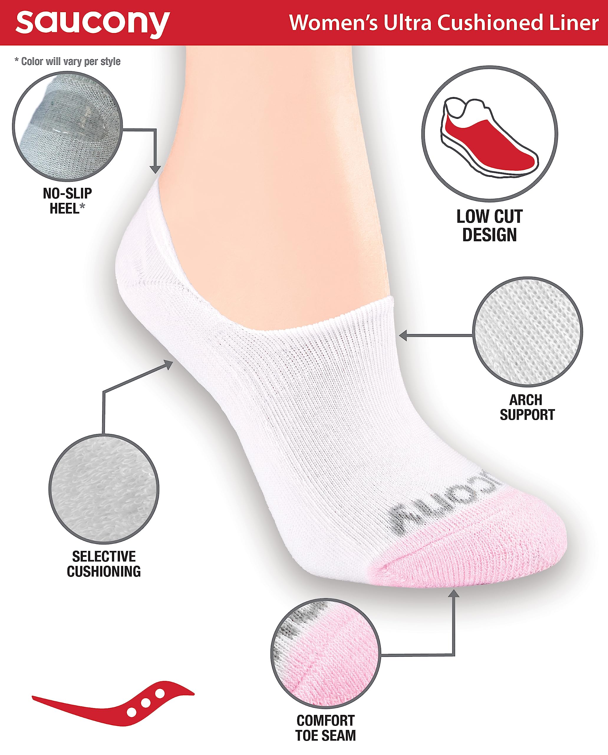 Saucony womens 8 Pairs No Show Cushioned Invisible Liner Socks, Wardrobe (8 Pairs), Shoe Size 6-10 US