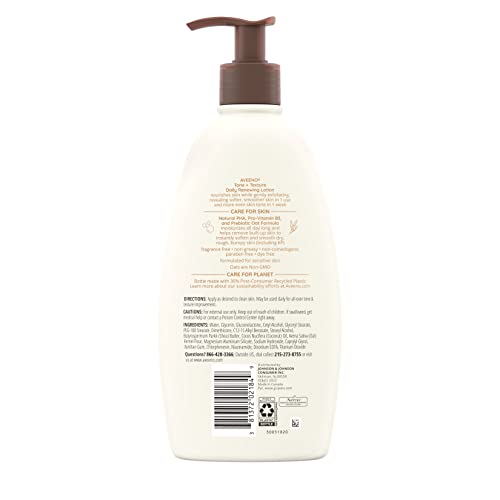 Aveeno Tone + Texture Daily Renewing Body Lotion With Prebiotic Oat, Gently Exfoliates & Hydrates Sensitive Skin, Clinically Proven to Help Bumpy, Rough Skin, Fragrance-Free, 18 Fl. Oz