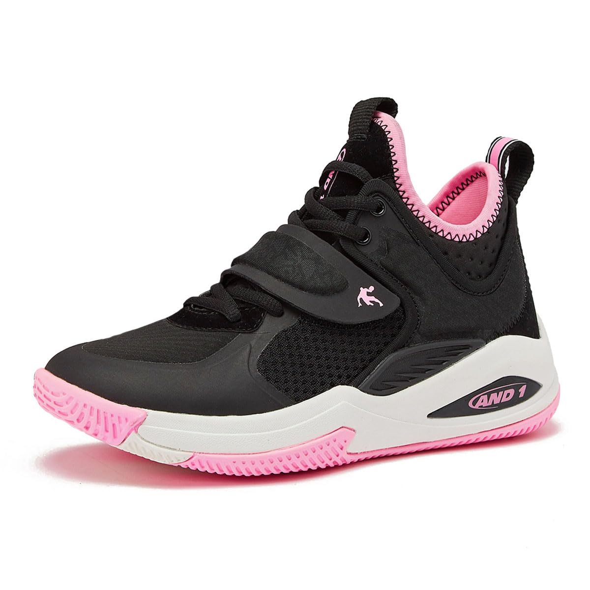AND1 Gamma 4.0 SS Boys & Girls Basketball Shoes, Kids Youth Cool Basketball Sneakers with Strap - Black/White/Dark Pink, 6 Big Kid