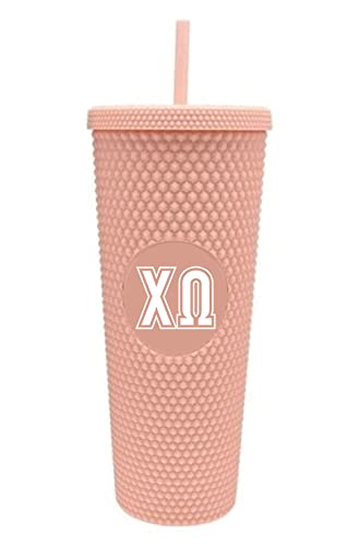 Sororiy Shop Chi Omega Studded Tumbler with Straw - 24 Oz Tumbler with Lid and Straw, Matte Coral, Reusable Plastic Cup with Screen Printed Greek Letters for Water, Ice Coffee or Any Drink