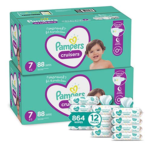 Pampers Cruisers Disposable Baby Diapers Size 7, 2 Month Supply (2 x 88 Count) with Sensitive Water Based Baby Wipes, 12X Pop-Top Packs (864 Count)