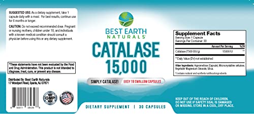 Catalase 15,000 - Pure Catalase Antioxidant Enzyme - Tiny, Easy to Swallow Capsule - 30 Day Supply