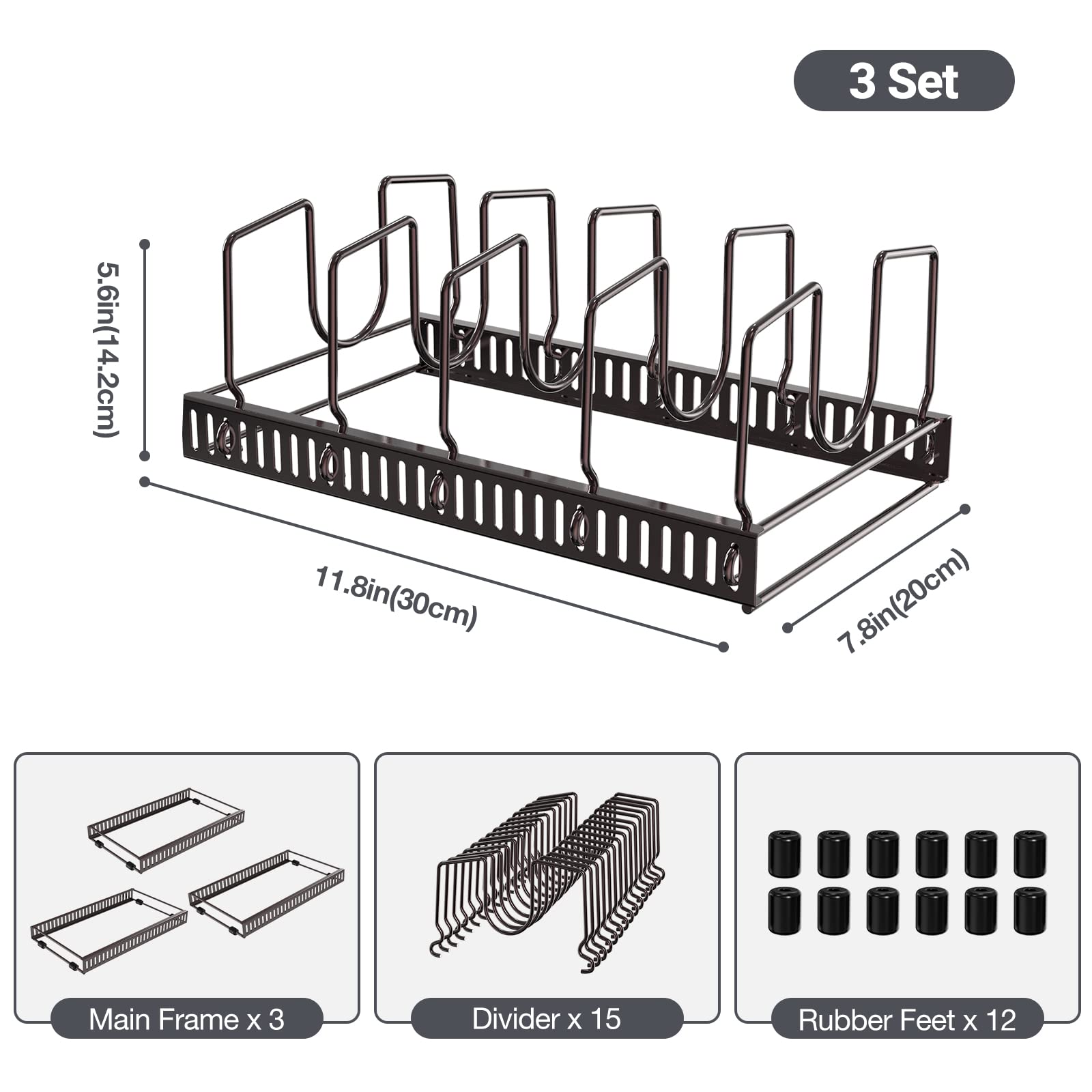 Puricon (3 Set) Pot Rack Pan Lid Organizer with 15 Adjustable Dividers, Pot Lid Skillet Griddle Cutting Board Baking Pan Holder, Cookware Rack for Kitchen Cabinet Cupboard Pantry Storage -Bronze