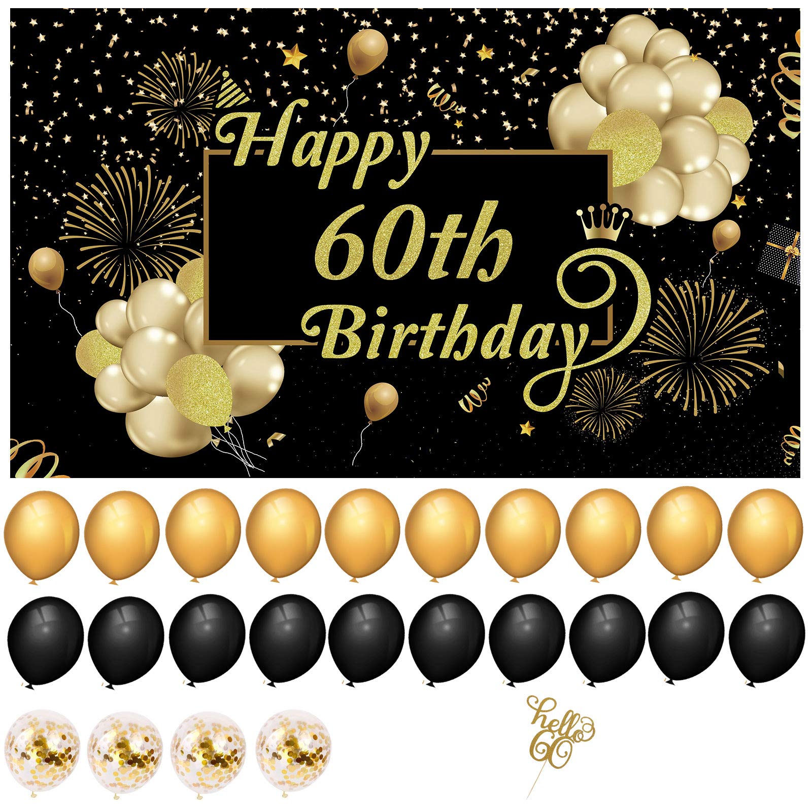 60th Birthday Decorations for Men Women, 60th Birthday Decorations, Happy 60th Birthday Banner, Black and Gold 60th Bday Backdrop