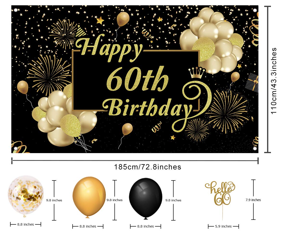 60th Birthday Decorations for Men Women, 60th Birthday Decorations, Happy 60th Birthday Banner, Black and Gold 60th Bday Backdrop