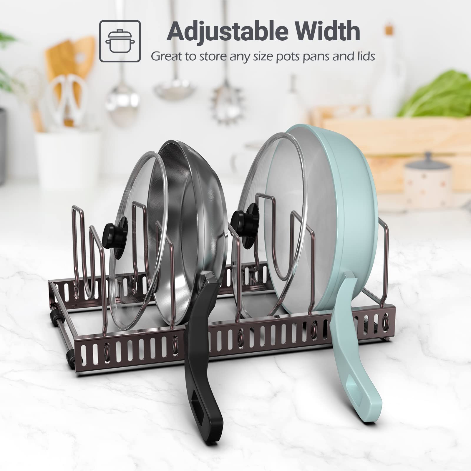 Puricon (3 Set) Pot Rack Pan Lid Organizer with 15 Adjustable Dividers, Pot Lid Skillet Griddle Cutting Board Baking Pan Holder, Cookware Rack for Kitchen Cabinet Cupboard Pantry Storage -Bronze