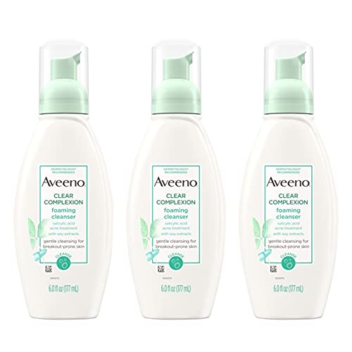 Aveeno Clear Complexion Foaming Oil-Free Facial Cleanser with Salicylic Acid Acne Medication for Breakout-Prone Skin & Soy Extracts, Hypoallergenic & Non-Comedogenic, 6 Fl Oz, Pack of 3