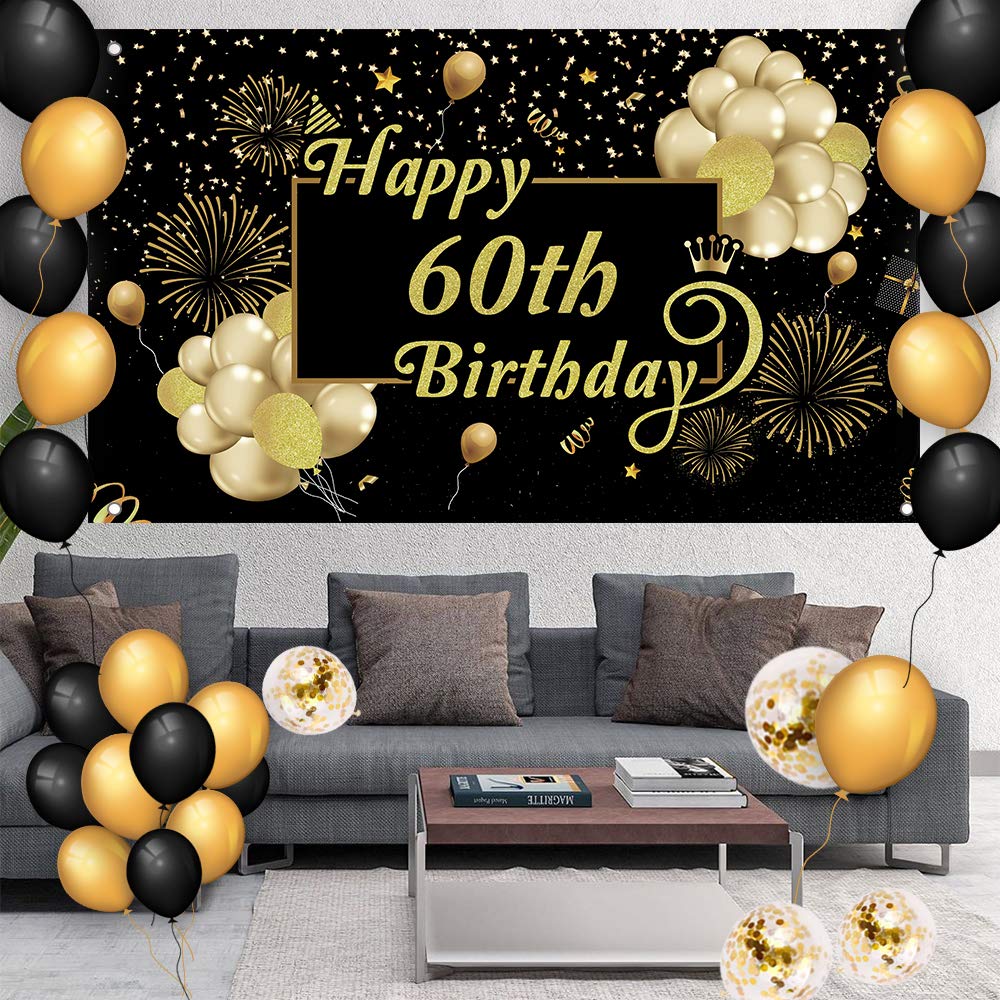 60th Birthday Decorations for Men Women, 60th Birthday Decorations, Happy 60th Birthday Banner, Black and Gold 60th Bday Backdrop