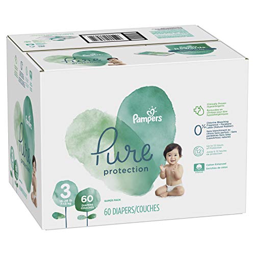 Diapers Size 3, 60 Count - Pampers Pure Protection Disposable Baby Diapers, Hypoallergenic and Unscented Protection, Super Pack (Old Version)