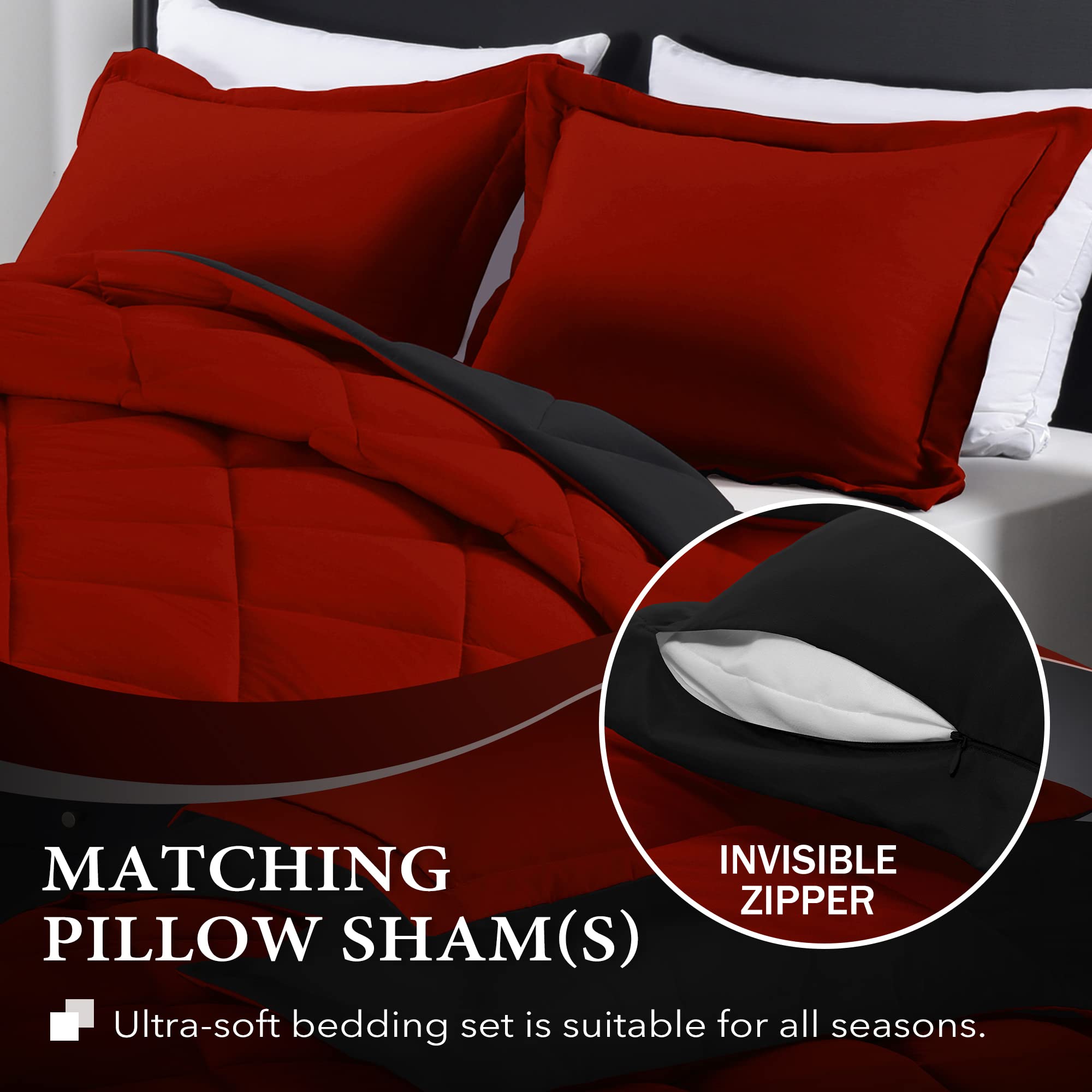 downluxe Lightweight Solid Comforter Set (King) with 2 Pillow Shams - 3-Piece Set - Red and Black - Down Alternative Reversible Comforter