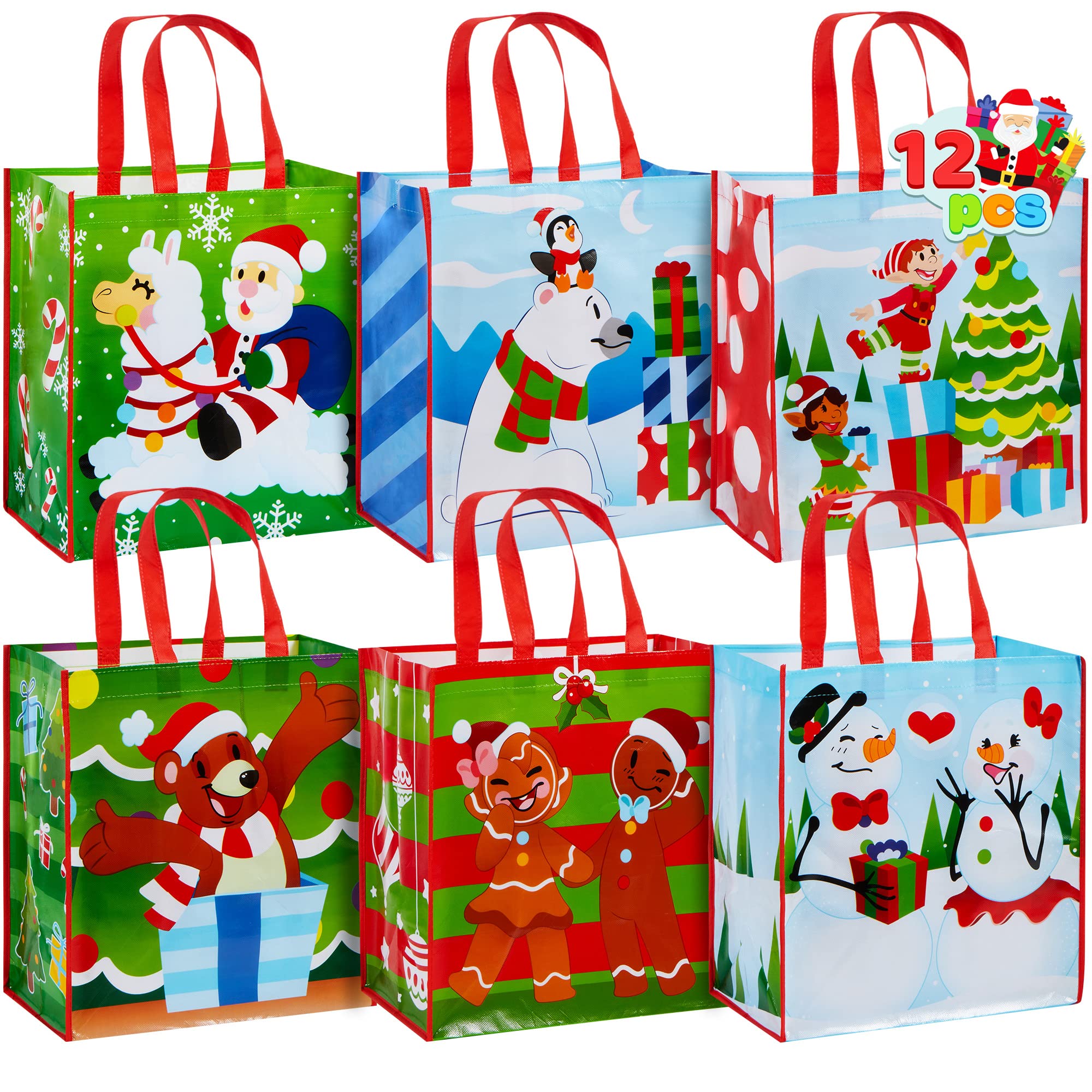 JOYIN 12 Christmas Tote Bags, 13.5"x8"x4" Extra-large Reusable Bags Non Woven Xmas Gift Wrap Bags with Handles for Holiday Party Favor Supplies, Xmas Grocery Shopping Bags