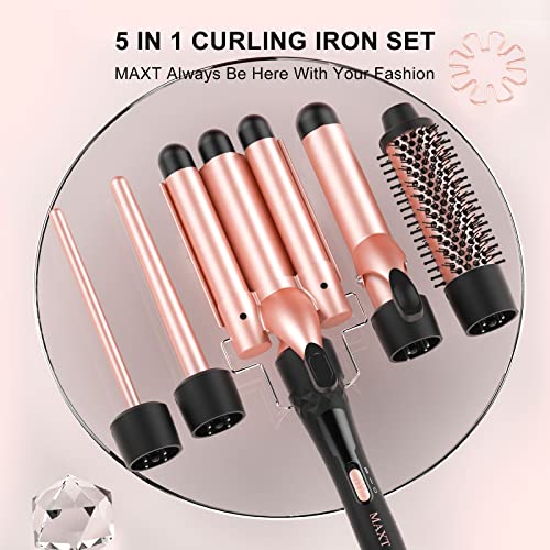 Curling Iron Set 5 in 1,MAXT Curling Wand Set Interchangeable Triple Barrel Curling Iron and Curling Brush Ceramic Barrel Wand Curling Iron(0.35β-1.25β) (Pink)