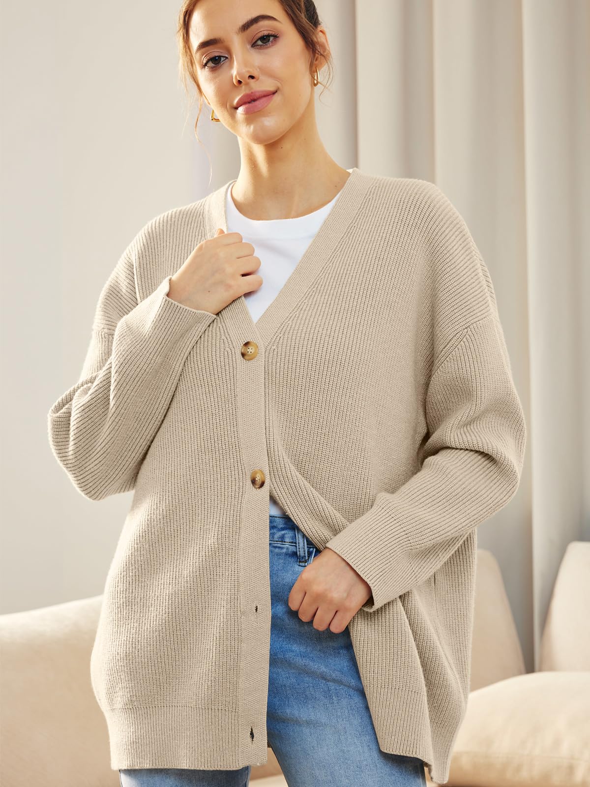 EFAN Womens Winter Trendy Sweaters 2025 Fall Oversized Sweater Long Cardigans V Neck Lightweight Knit Clothes Outfits Apricot