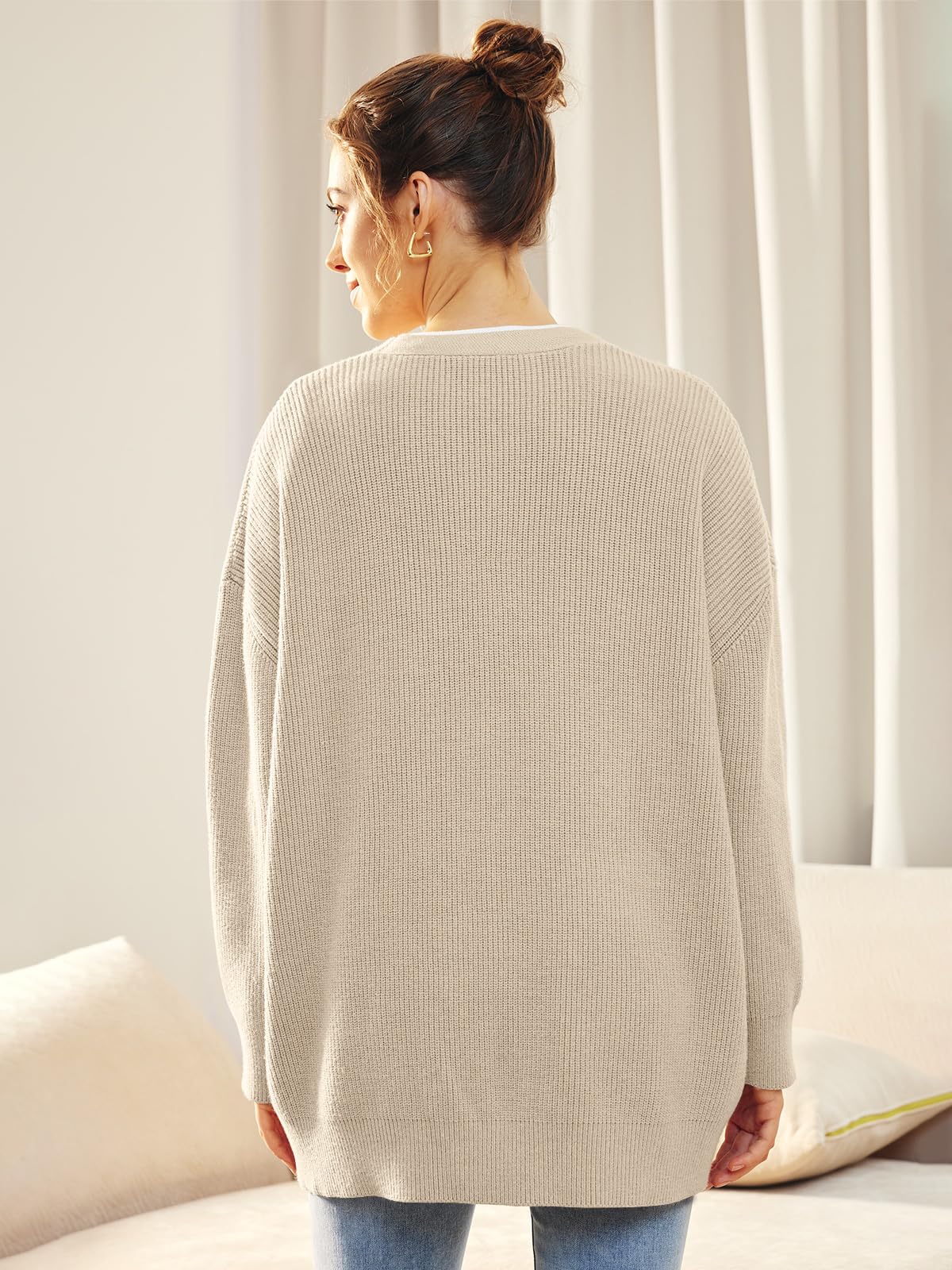 EFAN Womens Winter Trendy Sweaters 2025 Fall Oversized Sweater Long Cardigans V Neck Lightweight Knit Clothes Outfits Apricot