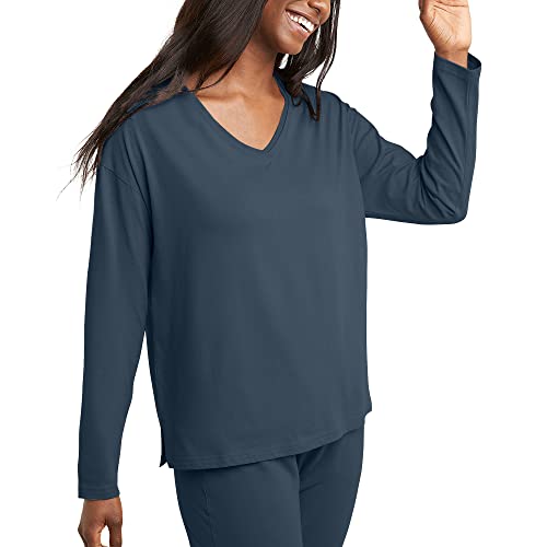 Hanes Comfortblend Originals V-Neck Long Sleeve T-Shirt, Cotton Tees for Women, Raw Edge V-Neckline, Trekking Grey, Medium