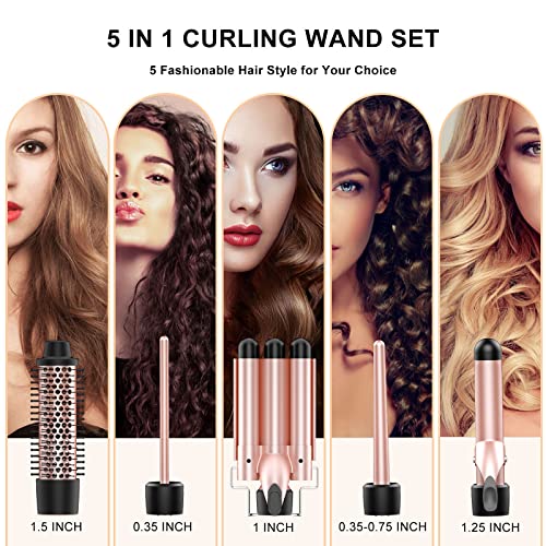 Curling Iron Set 5 in 1,MAXT Curling Wand Set Interchangeable Triple Barrel Curling Iron and Curling Brush Ceramic Barrel Wand Curling Iron(0.35β-1.25β) (Pink)