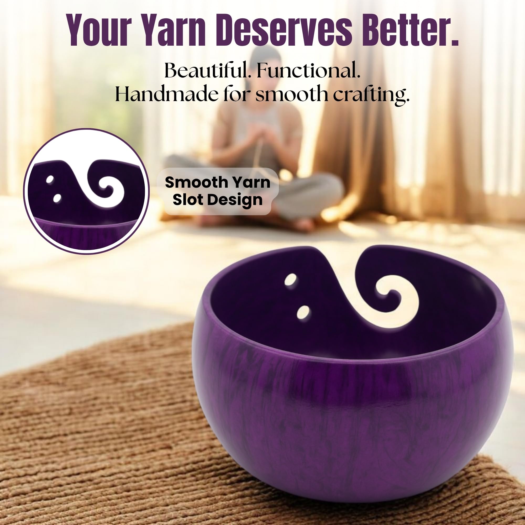 Hind Handicrafts Premium Solid Handmade Crafted Metallic Finish - Aluminium Portable Yarn Storage Bowl - Holder for Knitting Crochet Hook Accessories (6" x 6" x 3", Purple Stone)