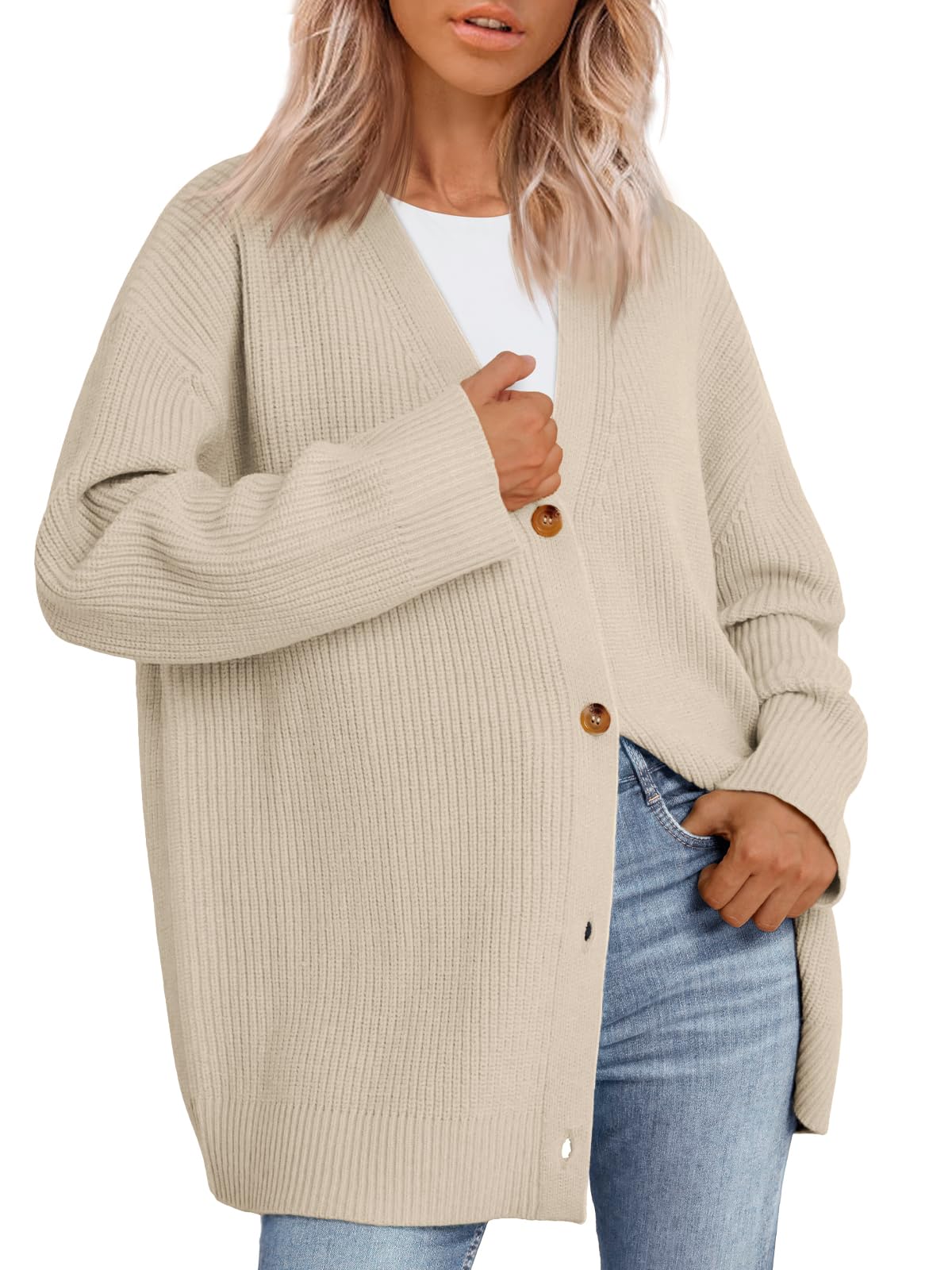EFAN Womens Winter Trendy Sweaters 2025 Fall Oversized Sweater Long Cardigans V Neck Lightweight Knit Clothes Outfits Apricot