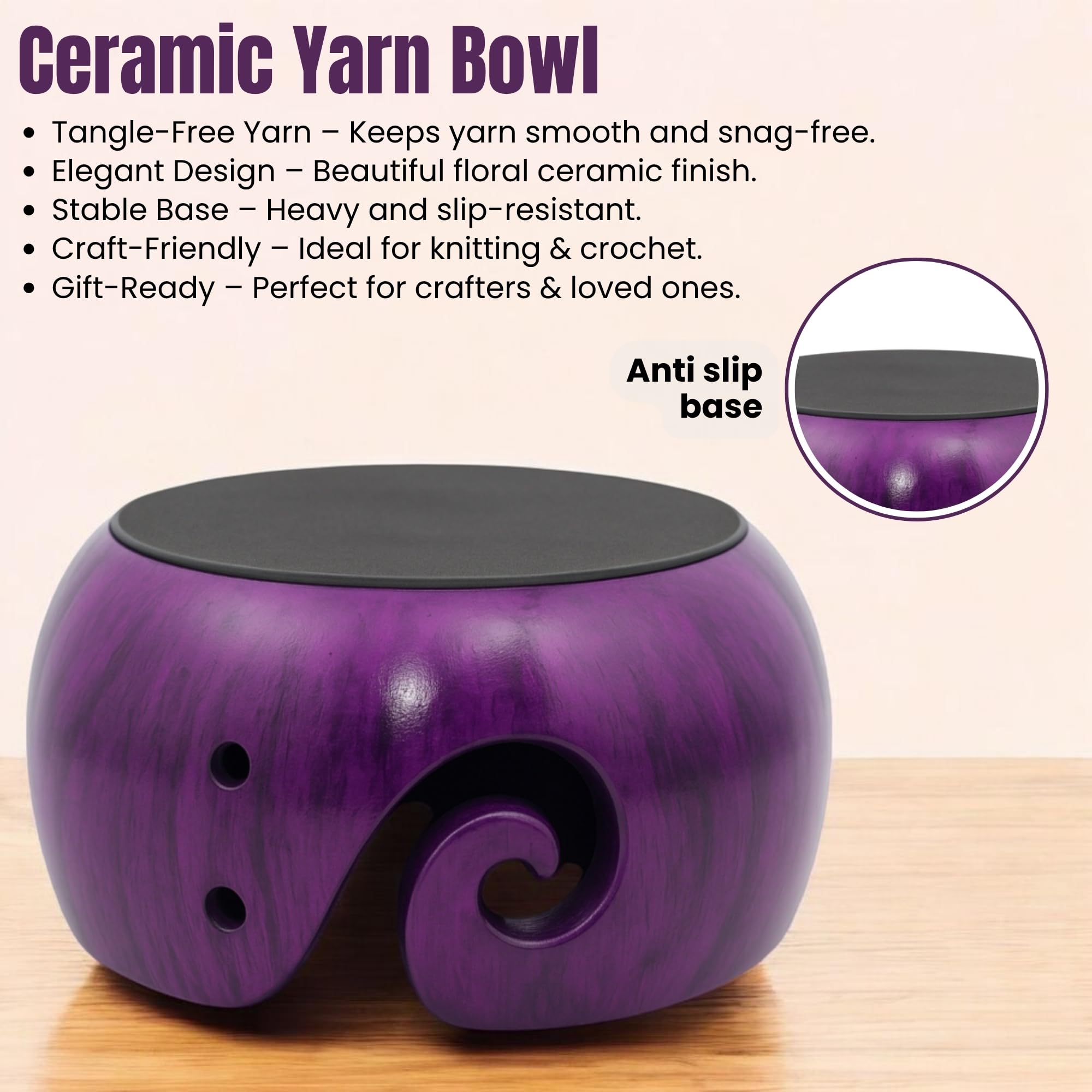 Hind Handicrafts Premium Solid Handmade Crafted Metallic Finish - Aluminium Portable Yarn Storage Bowl - Holder for Knitting Crochet Hook Accessories (6" x 6" x 3", Purple Stone)