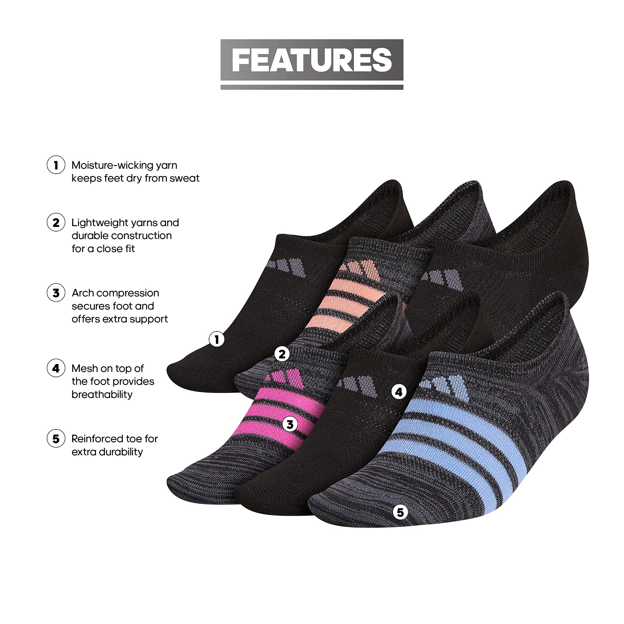 adidas Women's Superlite Super No Show Socks (6-Pair), Black/Blue Fusion/Onix Grey, Medium