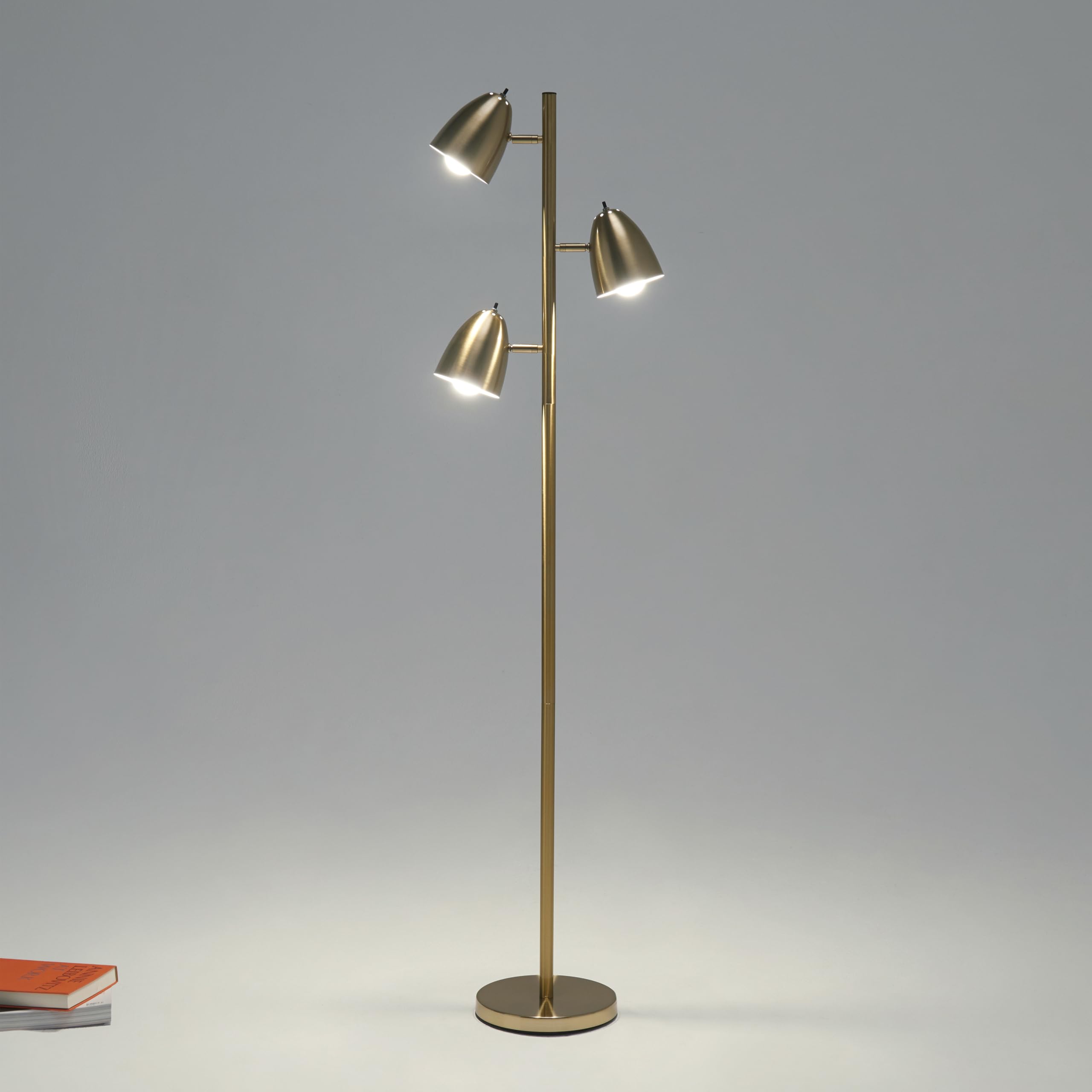 Brightech Jacob LED Standing Lamp, Modern Bright Floor Lamps for Living Rooms & Bedrooms, Tall LED Lighting Lamp with Adjustable 3 Light Tree – Antique Brass/Gold