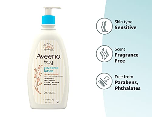 Aveeno Baby Daily Moisture Moisturizing Lotion for Delicate Skin with Natural Colloidal Oatmeal & Dimethicone, Hypoallergenic, Fragrance-, Phthalate- & Paraben-Free, 18 fl. oz (Package may vary)