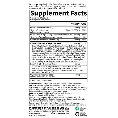 Garden of Life Vitamin E - Vitamin Code Raw Vitamin E Supplement with Vitamins A, D & K Plus Selenium, Fruit, Veggies & Probiotics, 60 Vegetarian Capsules, 125mg Whole Food Vitamin E for Heart Health