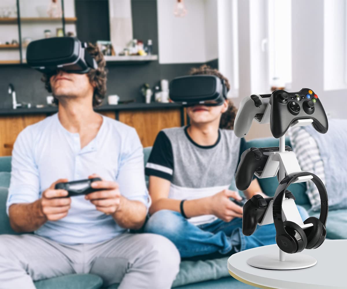 KELJUN Controller Holder White, Headset Holder,Great 3 Tier Controller Headphone Organizer for All Headsets Xbox ONE 360 Switch PS4 PS5 (Elegant White)