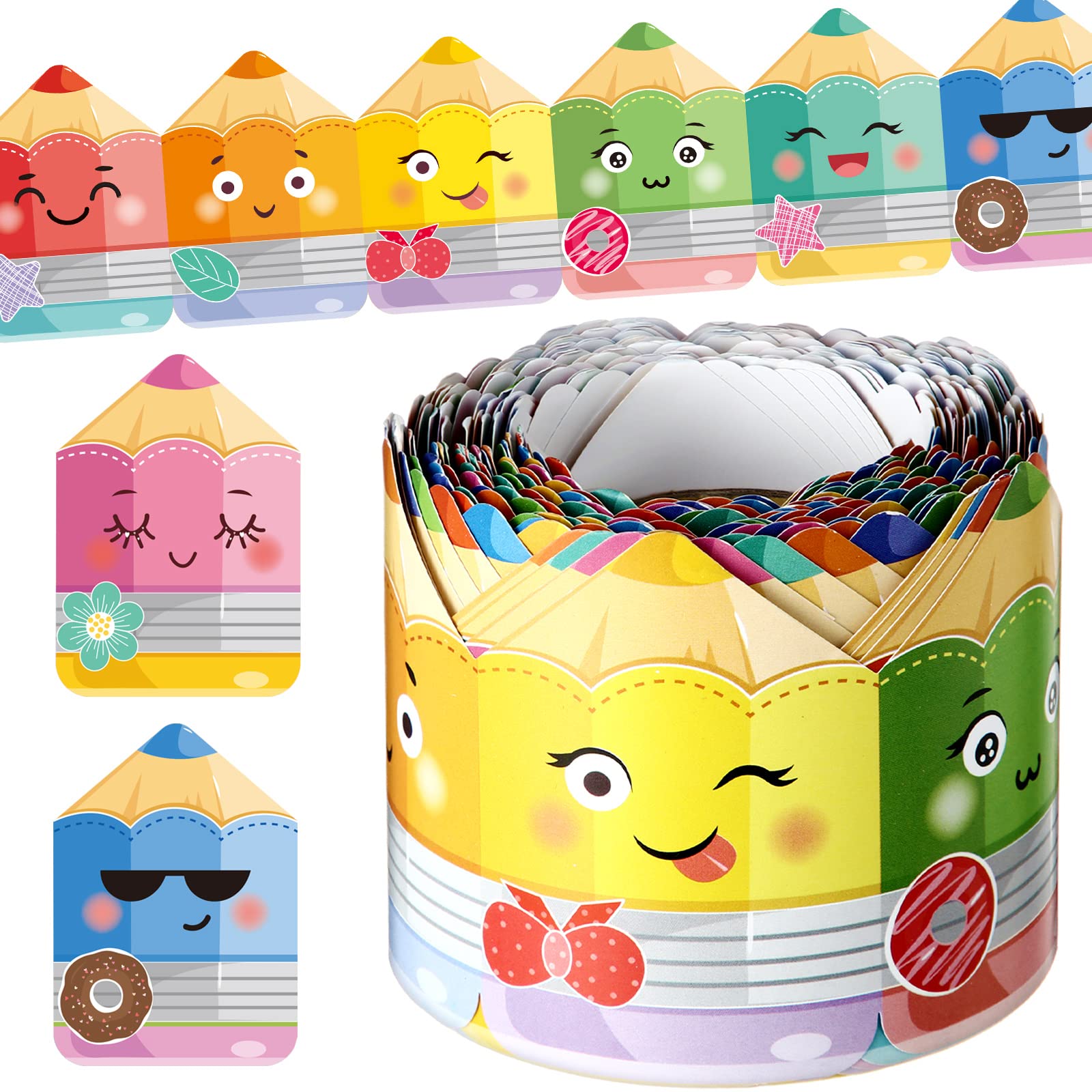 Eersida 65.6 ft Colorful Pencil Bulletin Board Borders Cute Faces Pencils Border Trim Paper Cutouts Classroom Decorations for Preschool Daycare Kindergarten Chalkboard Desks Windows (Pencil)