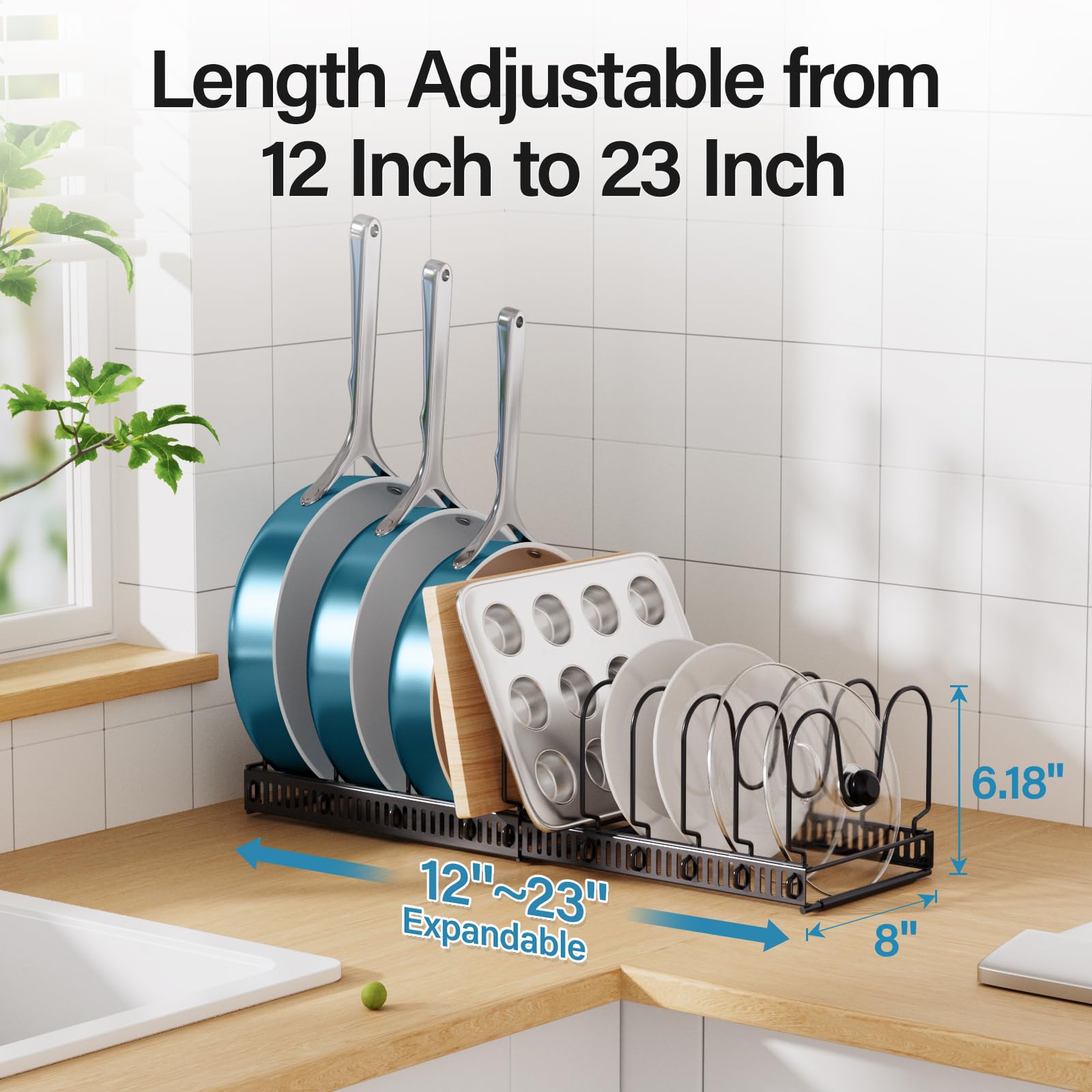 ORDORA Pot and Pan Organizer Rack for Cabinet - Expandable Cutting Board Pot Lid Organizer Holder with 11 Adjustable Dividers for Kitchen Cabinet Cookware Baking Frying Rack
