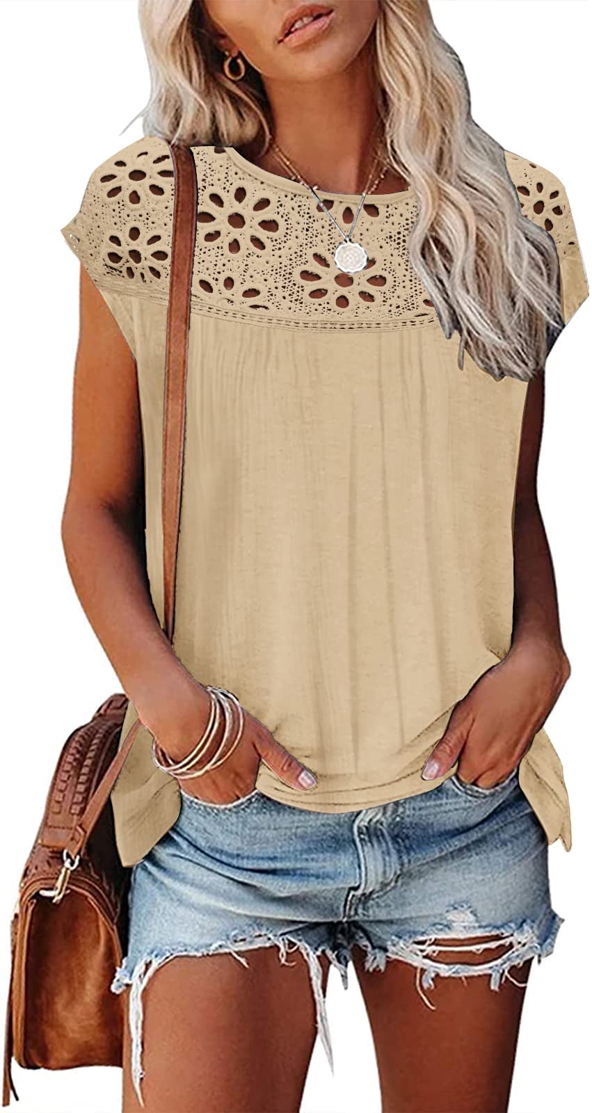 ETCYY NEW Womens Chic Hollow Basic Tops Cap Sleeve Tank Top Loose Fit T-Shirt