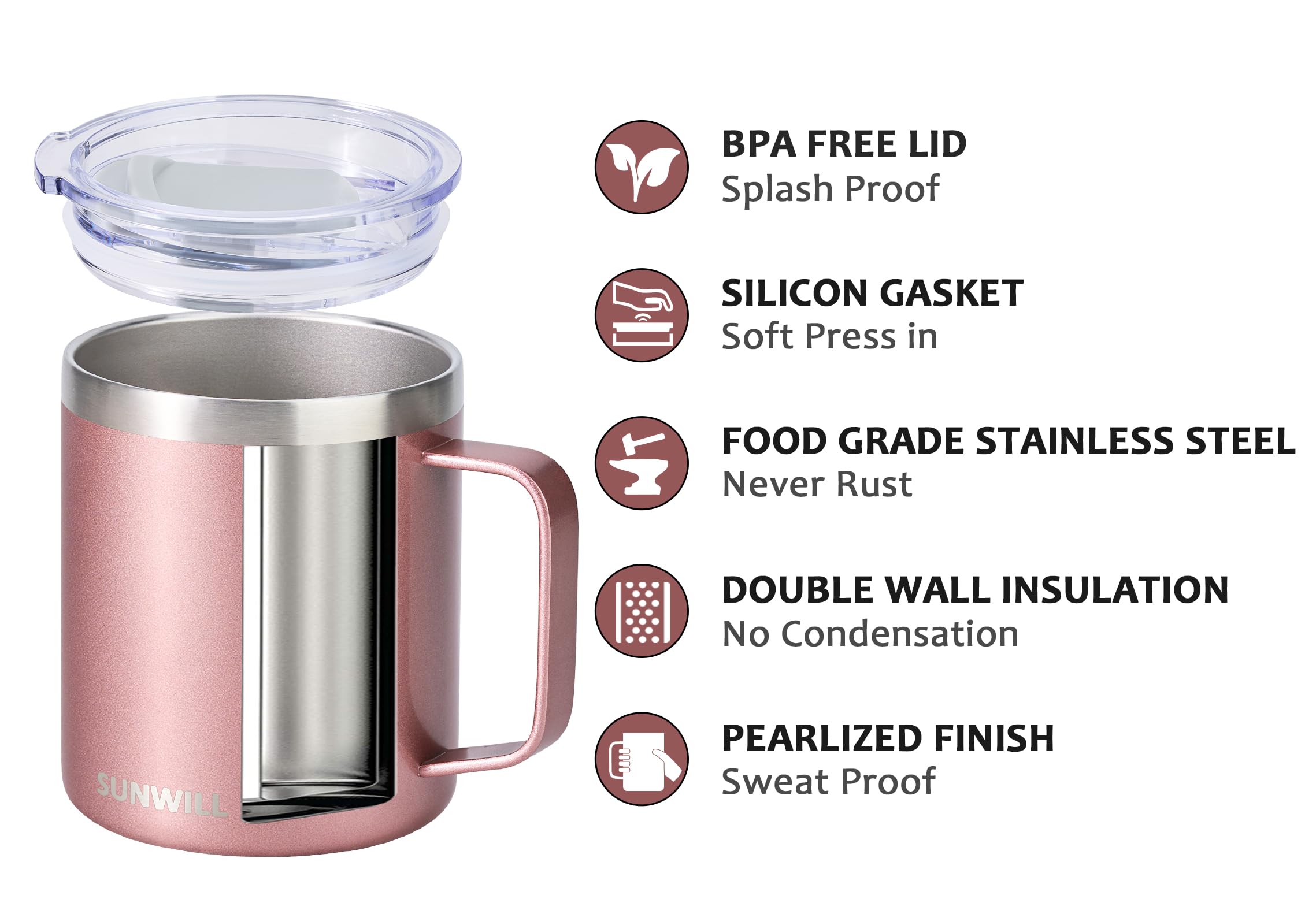 SUNWILL Coffee Mug with Handle, 14oz Insulated Stainless Steel Coffee Travel Mug, Double Wall Vacuum Reusable Coffee Cup with Lid, Rose Gold
