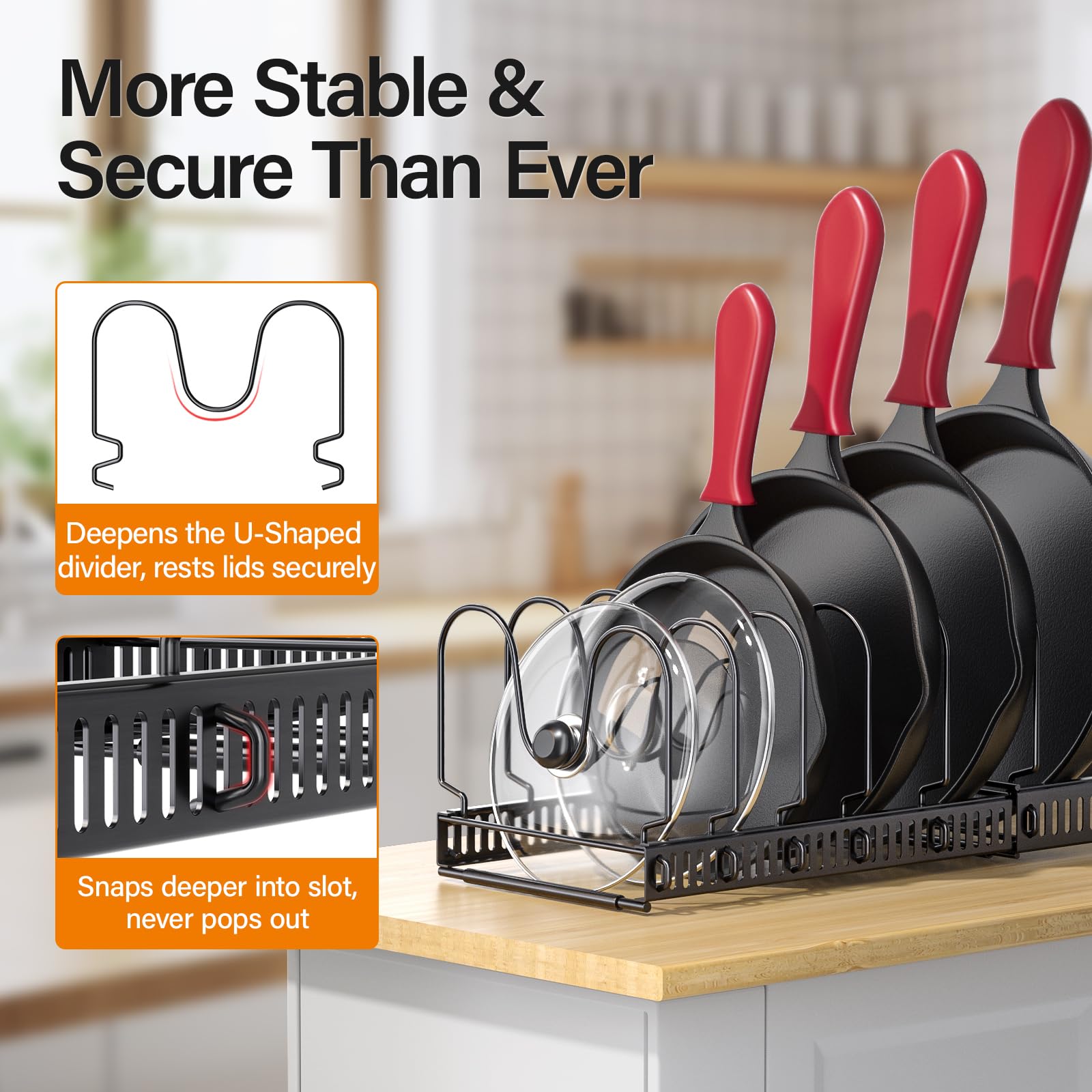 ORDORA Pot and Pan Organizer Rack for Cabinet - Expandable Cutting Board Pot Lid Organizer Holder with 11 Adjustable Dividers for Kitchen Cabinet Cookware Baking Frying Rack