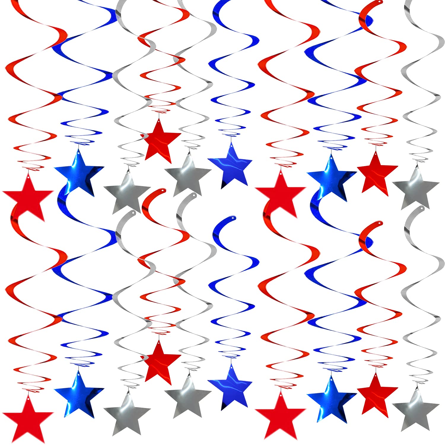 YSSAI 30 Pcs Patriotic Star Hanging Swirls Decorations Swirls with Red Blue Silver Stars Ceiling Hanging Ornaments for 4th of July Independence Day Memorial Day Graduation Party Supplies