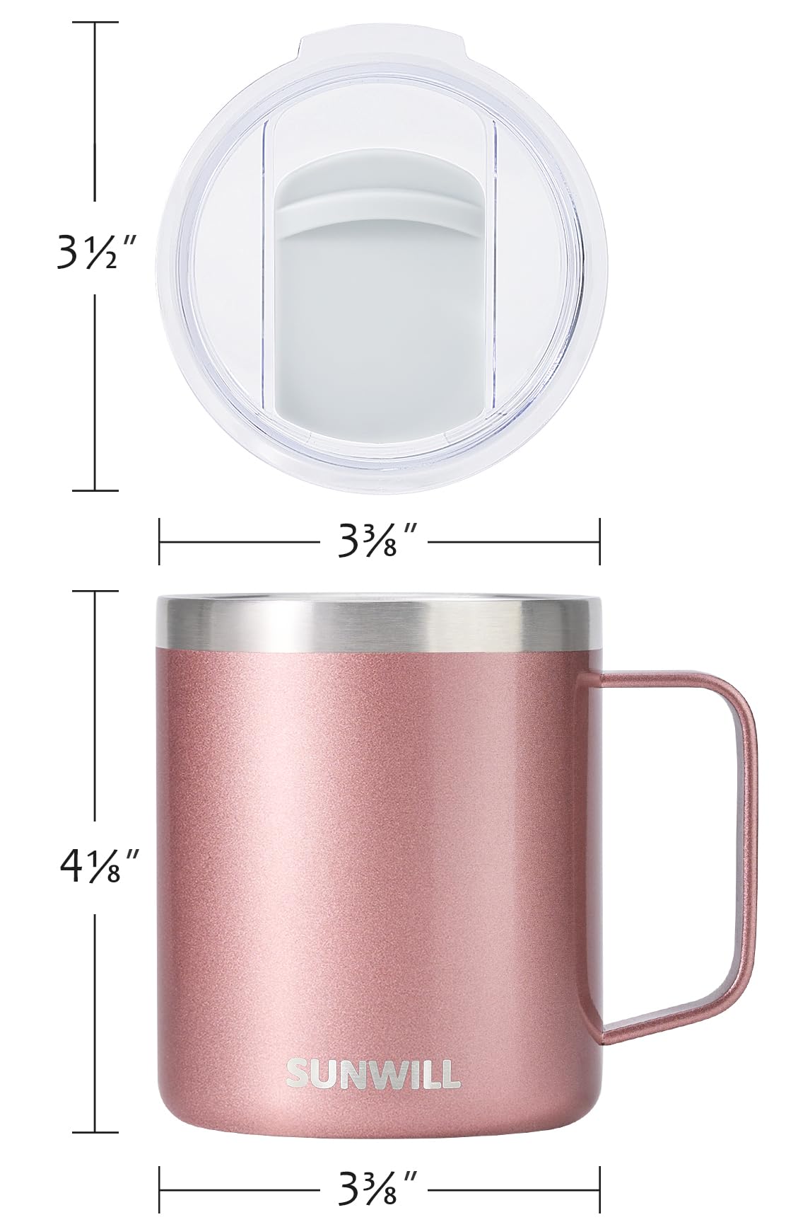 SUNWILL Coffee Mug with Handle, 14oz Insulated Stainless Steel Coffee Travel Mug, Double Wall Vacuum Reusable Coffee Cup with Lid, Rose Gold