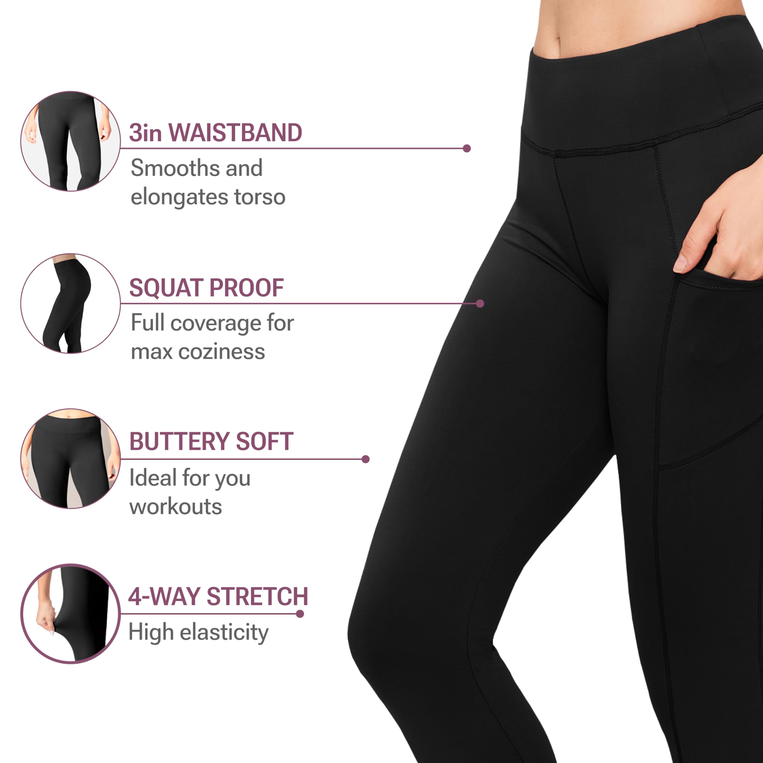 SATINA High Waisted Leggings for Women - Capri, Full Length Compression Leggings with Pockets - Buttery Soft, Tummy Control Black Workout Leggings - Plus Size Yoga Pants Women