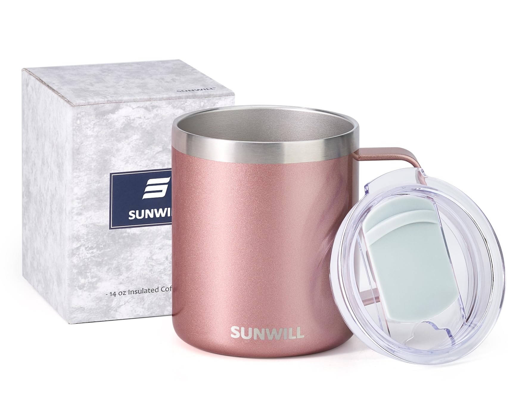 SUNWILL Coffee Mug with Handle, 14oz Insulated Stainless Steel Coffee Travel Mug, Double Wall Vacuum Reusable Coffee Cup with Lid, Rose Gold
