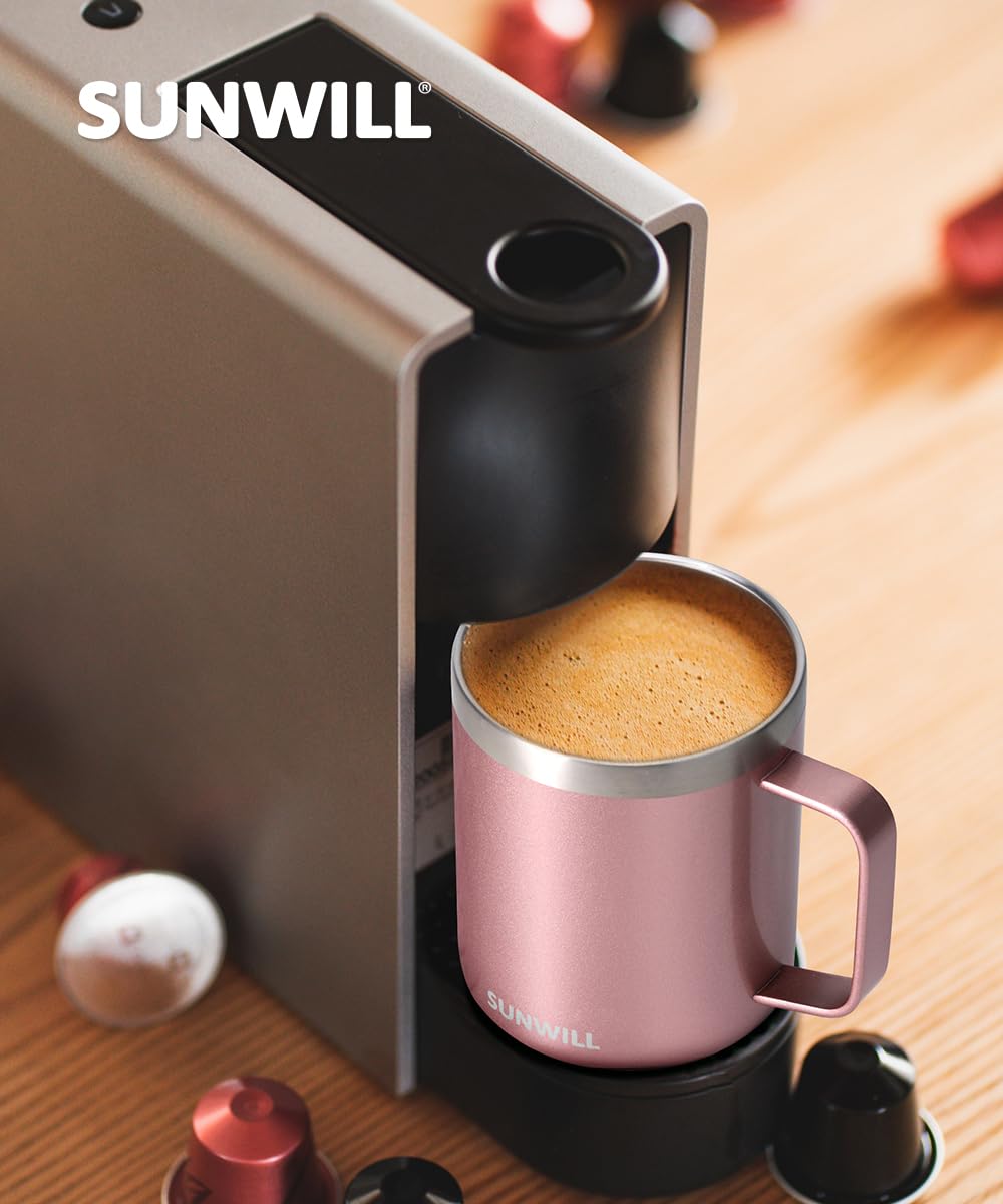 SUNWILL Coffee Mug with Handle, 14oz Insulated Stainless Steel Coffee Travel Mug, Double Wall Vacuum Reusable Coffee Cup with Lid, Rose Gold