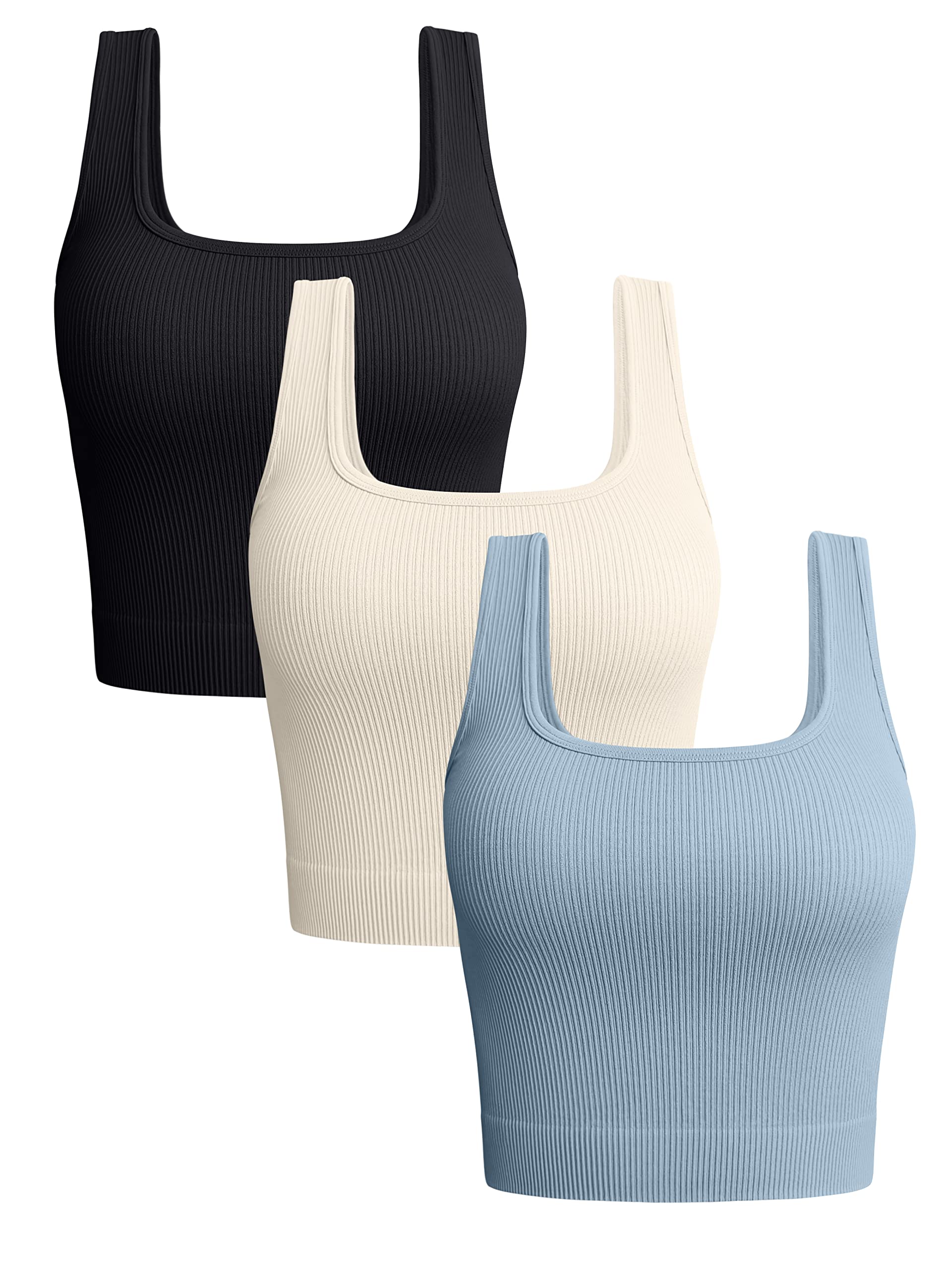 OQQ Women's 3 Piece Tank Tops Ribbed Seamless Workout Exercise Shirts 2025 Summer Basic Camis Black Beige Blue