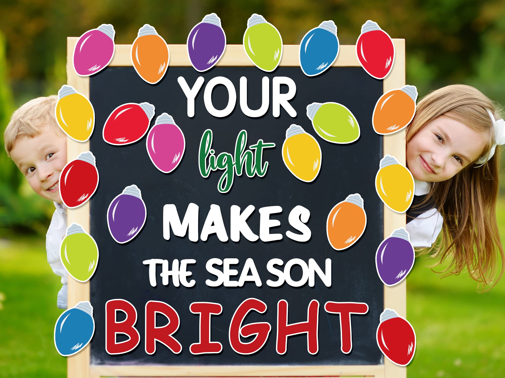Whaline 43Pcs Light Bulbs Cutouts Bulletin Board Cutouts Christmas Cut Outs with 100 Glue Points Your Light Make The Season Bright Letter Paper Cutting for Xmas Home School Classroom Party Supplies