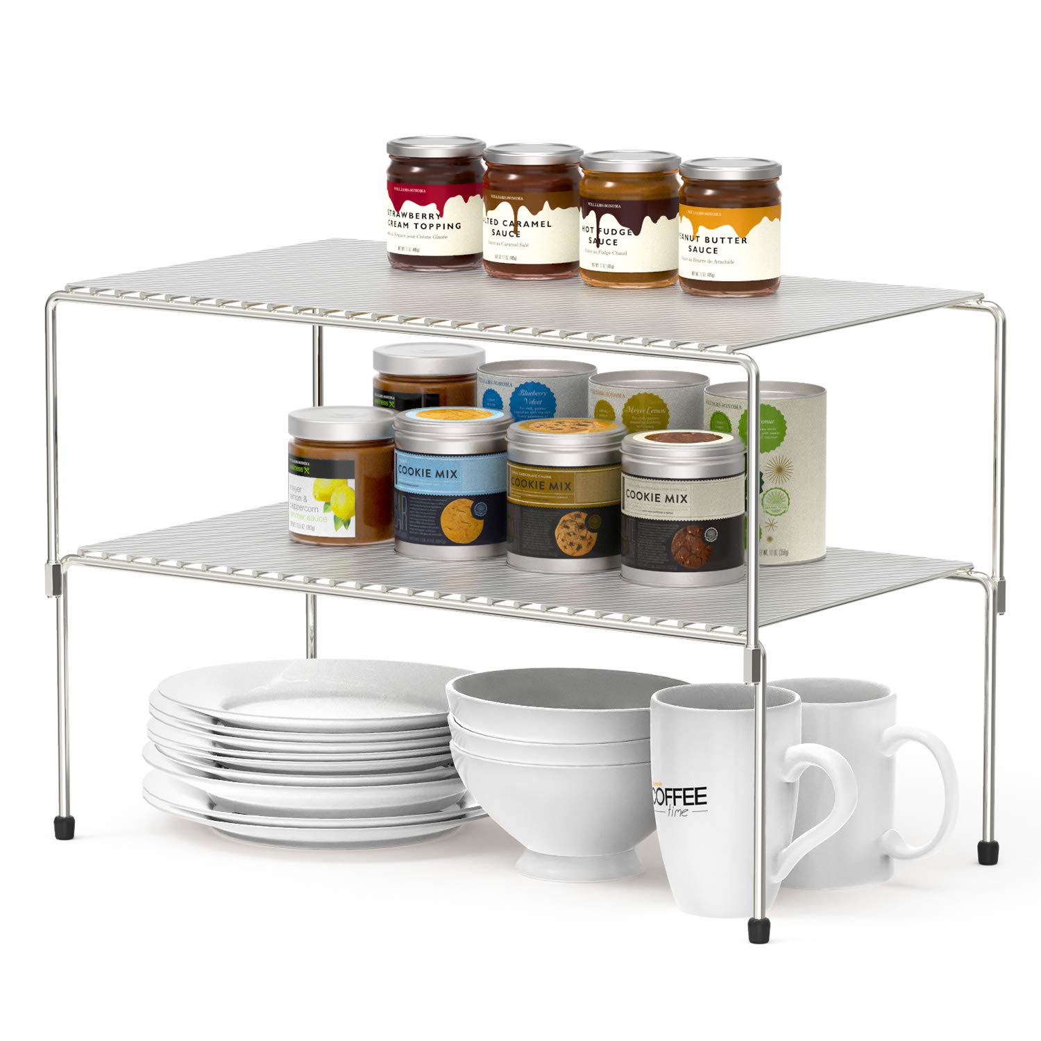 WOSOVO Set of 2 Kitchen Cabinet Organizer and Storage Shelves Stackable Expandable Storage Racks with Anti-Slip Liners for Cabinet Pantry, Silver