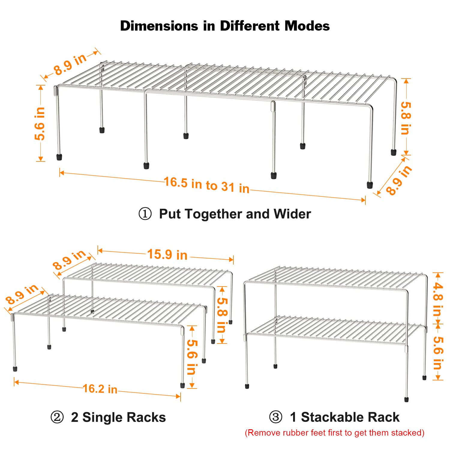 WOSOVO Set of 2 Kitchen Cabinet Organizer and Storage Shelves Stackable Expandable Storage Racks with Anti-Slip Liners for Cabinet Pantry, Silver