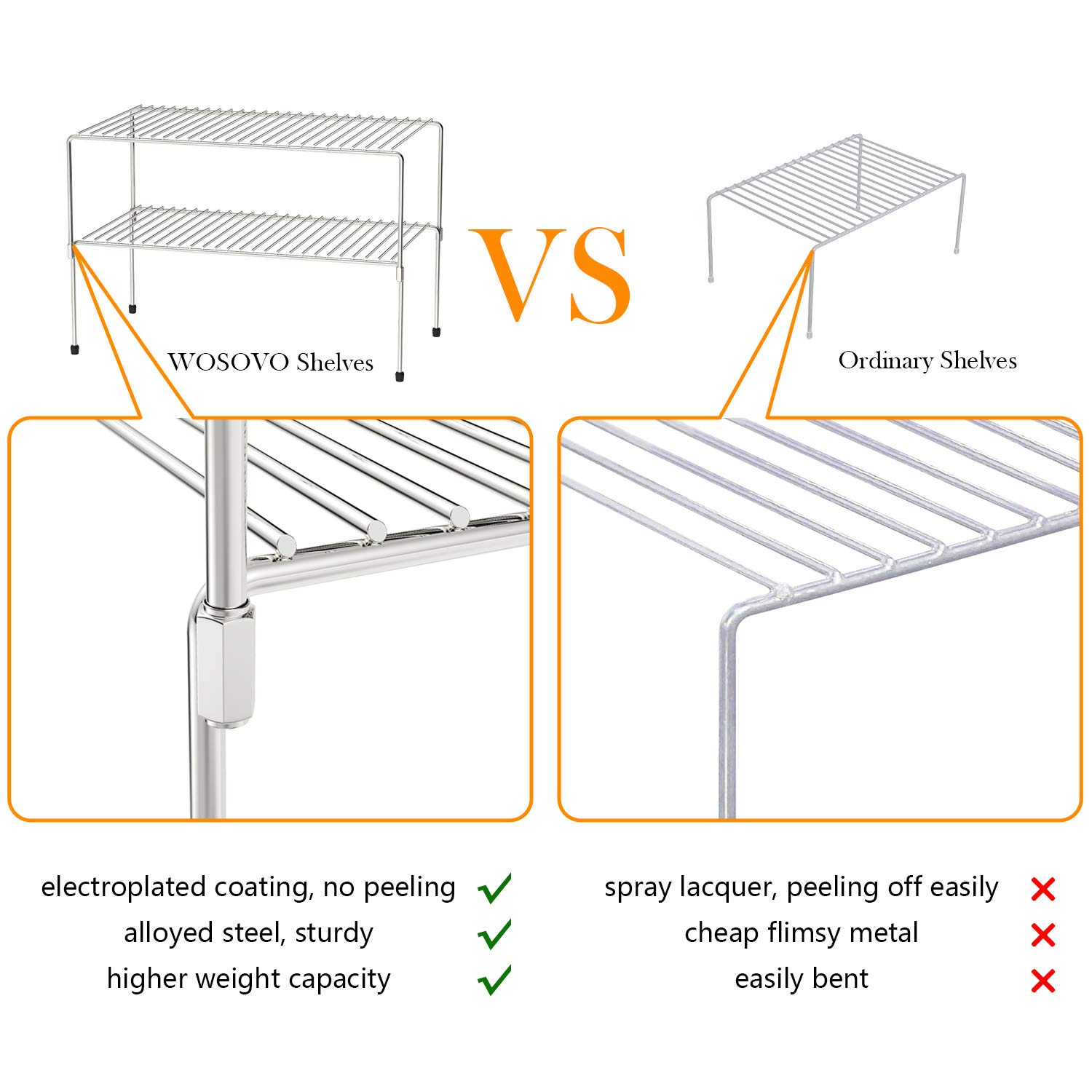 WOSOVO Set of 2 Kitchen Cabinet Organizer and Storage Shelves Stackable Expandable Storage Racks with Anti-Slip Liners for Cabinet Pantry, Silver