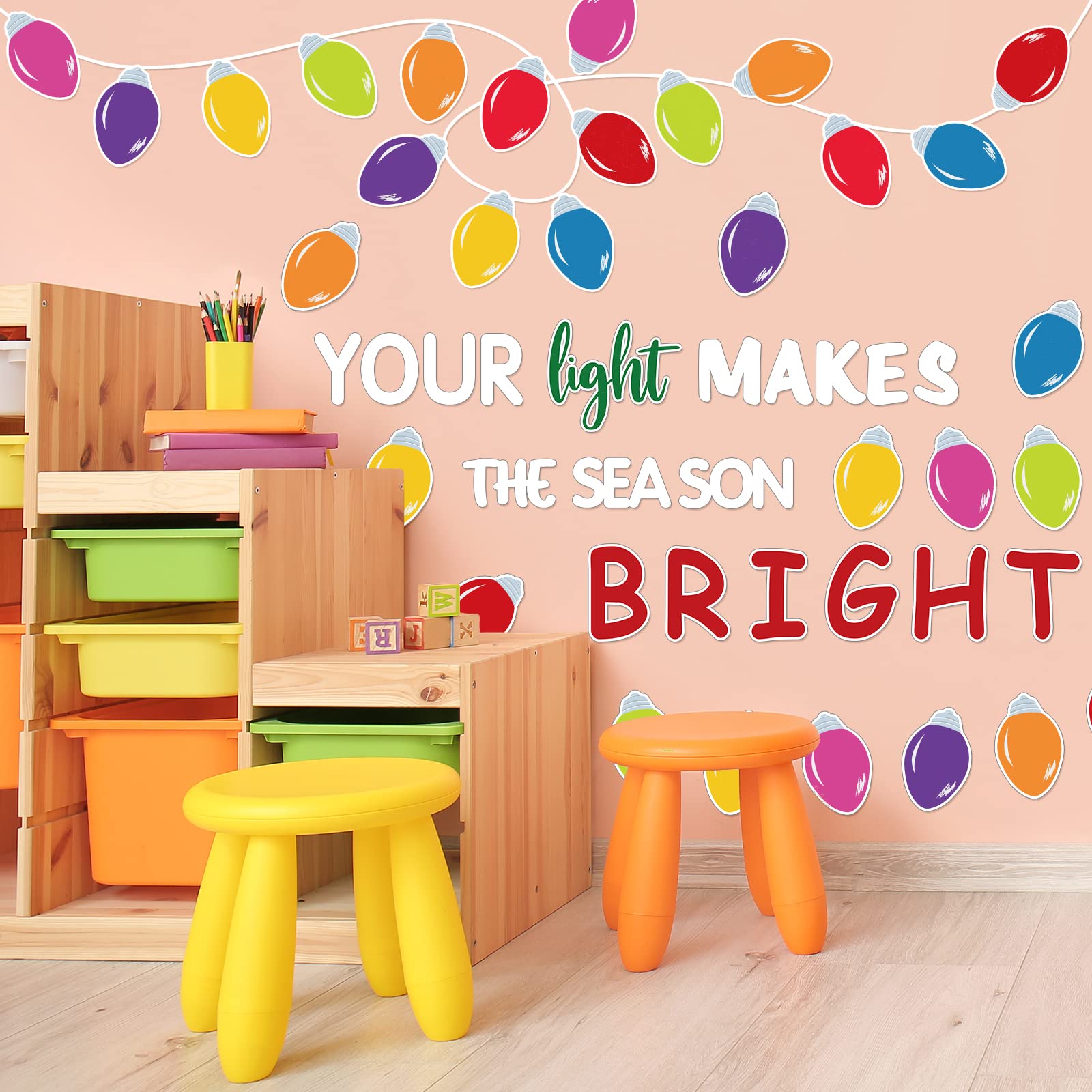 Whaline 43Pcs Light Bulbs Cutouts Bulletin Board Cutouts Christmas Cut Outs with 100 Glue Points Your Light Make The Season Bright Letter Paper Cutting for Xmas Home School Classroom Party Supplies