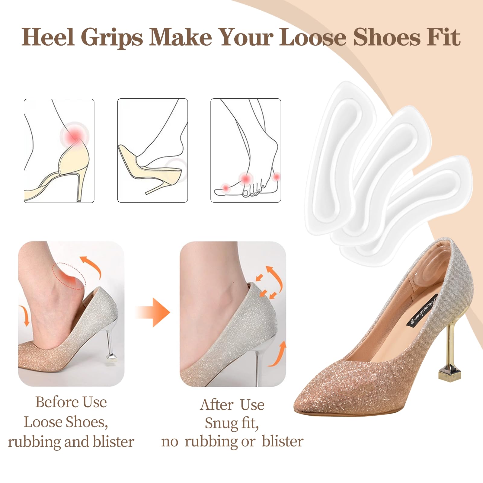 EACOZY Heel Grips, Clear Shoe Heel Inserts, Heel Cushion Pads for Women Men Loose Shoes, 5 Pairs