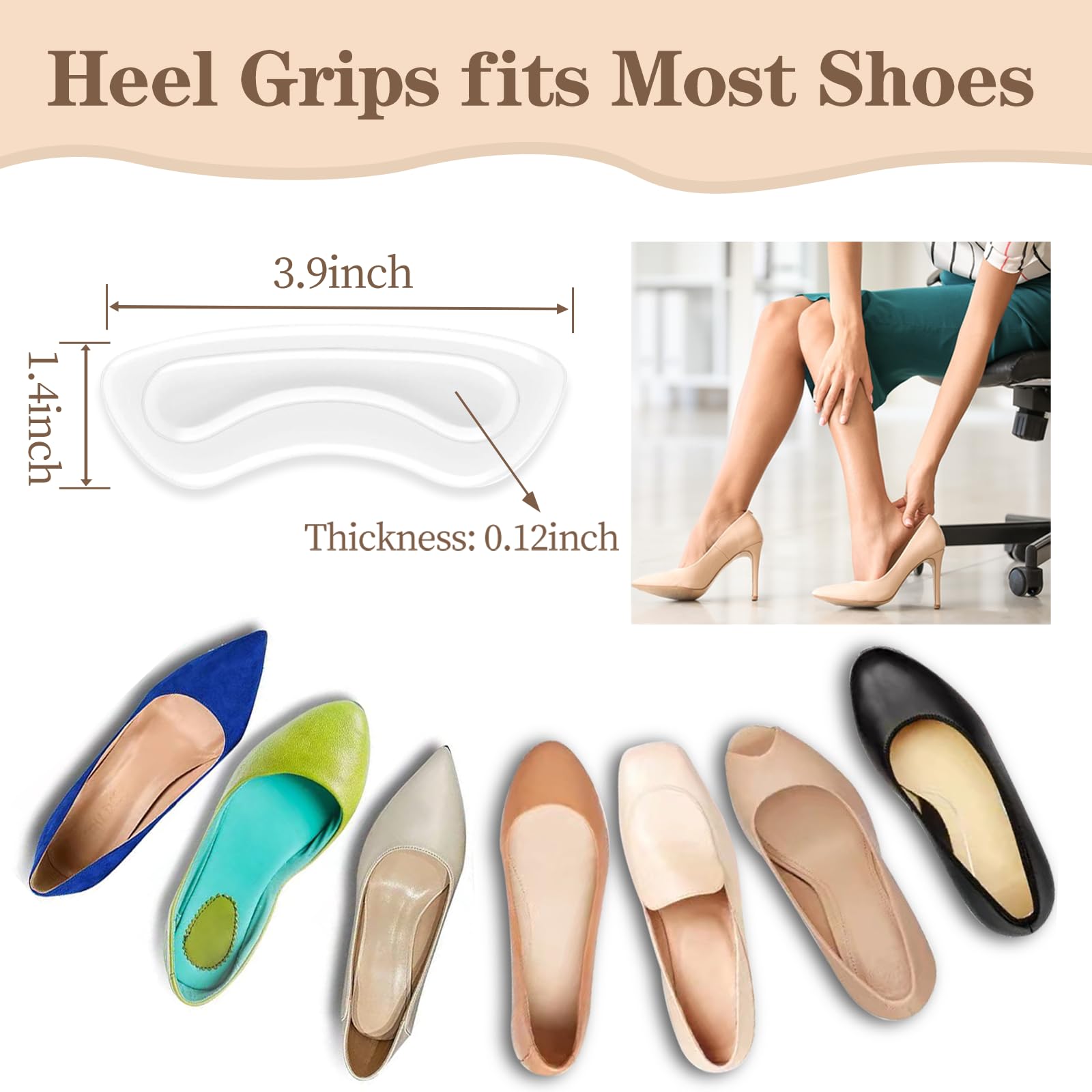 EACOZY Heel Grips, Clear Shoe Heel Inserts, Heel Cushion Pads for Women Men Loose Shoes, 5 Pairs