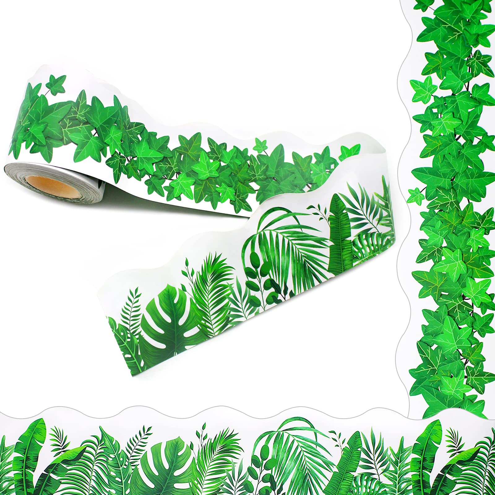 Cinvo Bulletin Board Border Trim Boho Greenery Tropical Leaves Ivy Leaves Double Sided Border Die-Cut for Bulletin Boards Black Board Desks Wall Decals Back to School Classroom Decoration (3" x 50’)