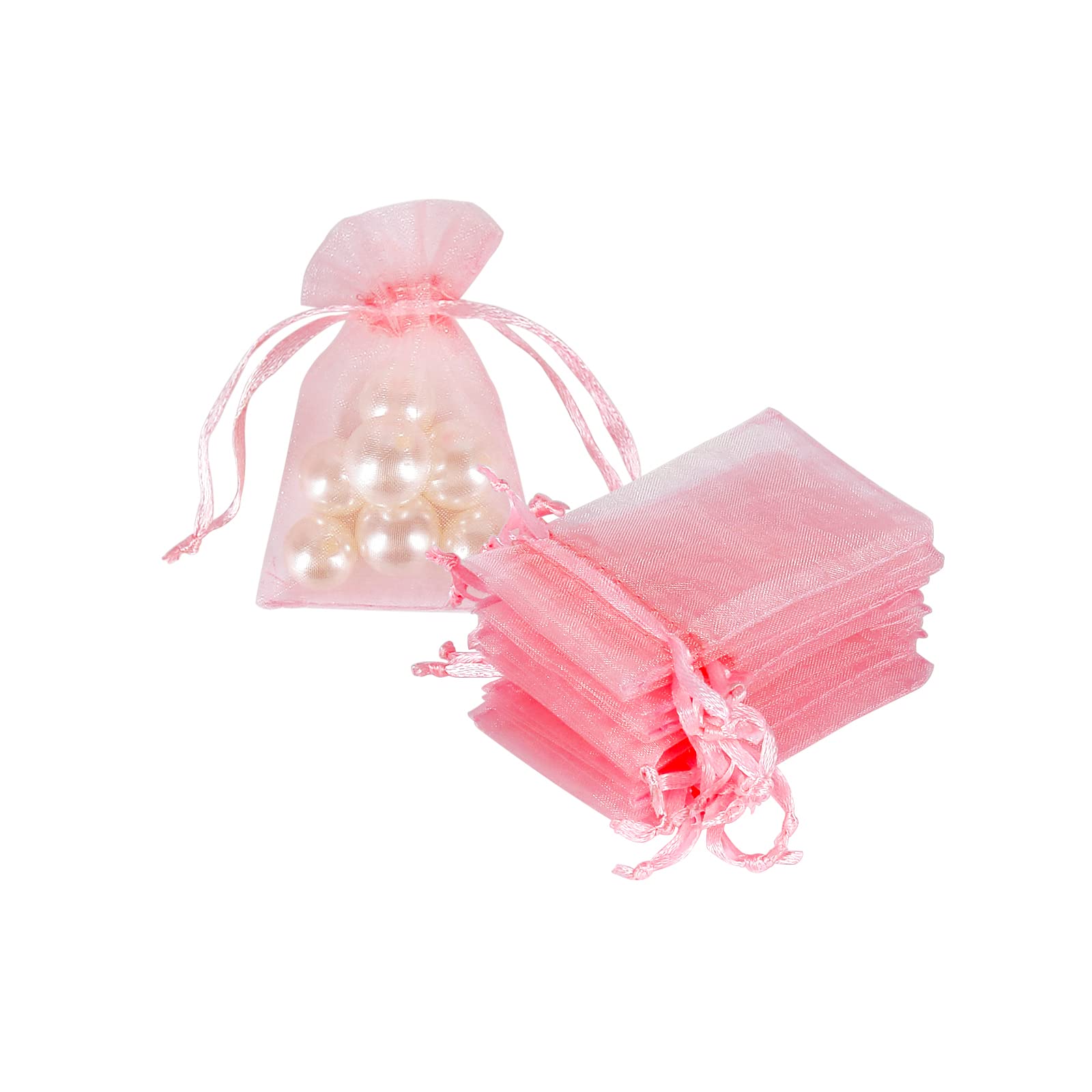 HRX Package 100pcs Tiny Organza Jewelry Bags 2x3 inch, Little Pink Mesh Drawstring Gift Pouches for Candy Sample Party Favors